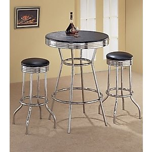 3pcs Retro Fountain Style Black & Chrome Finish Bar Table & 2 Stool Set