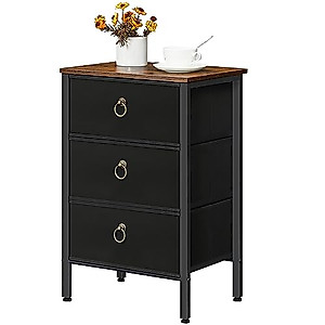 HOOBRO Nightstand, 3-Drawer End Table, Side Table with Fabric Drawers, Sofa Side Table, Metal Frame, Large Storage, for Bedroom, Study, Office, Large Storage, Rustic Brown and Black BF59BZ01