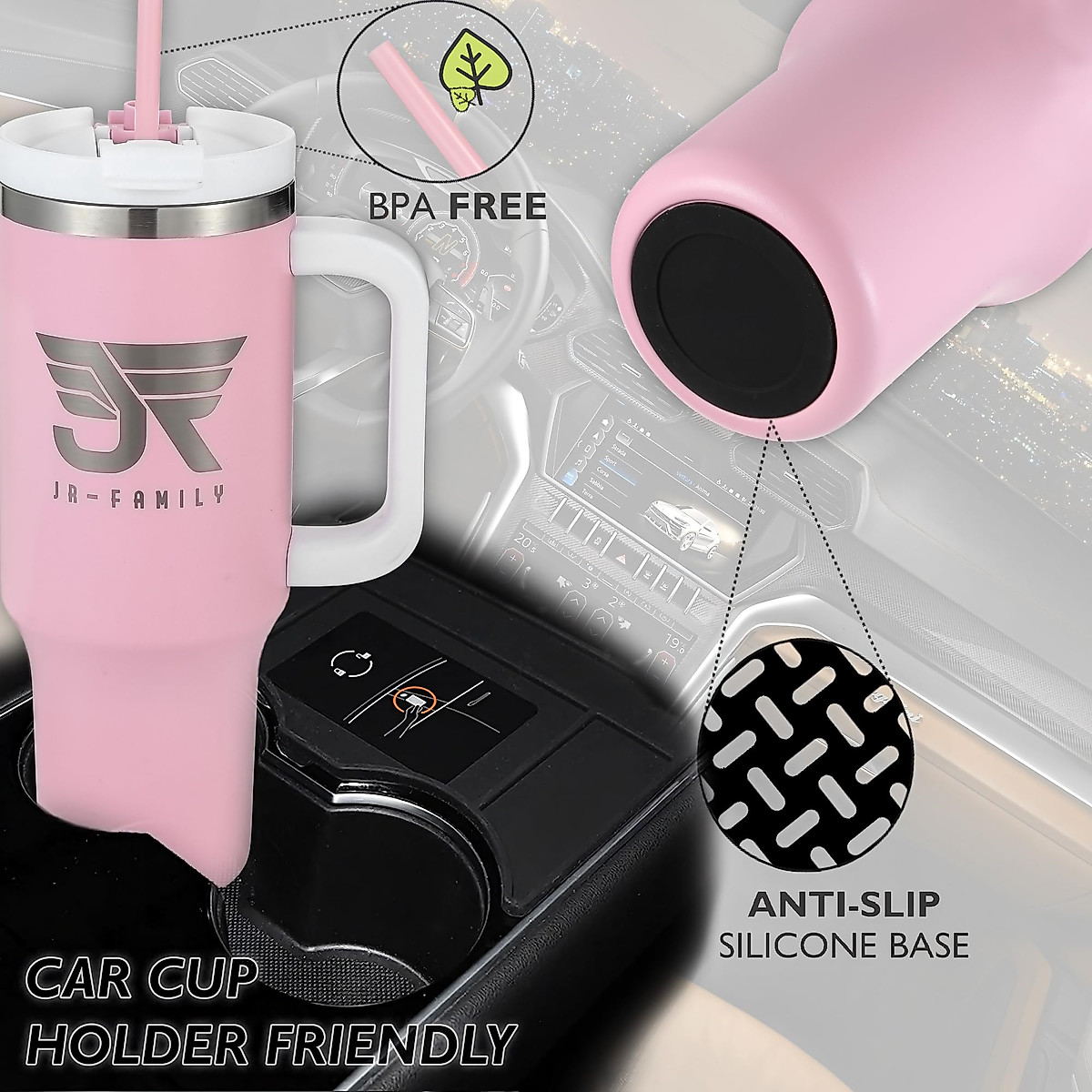 JR-FAMILY 40oz Spill Proof Tumbler with Lid Straw and Handle, Stainless Steel Insulated Travel Coffee Mug, Cup Holder Friendly, Easy Clean, Gifts for Women Men - Baby Pink