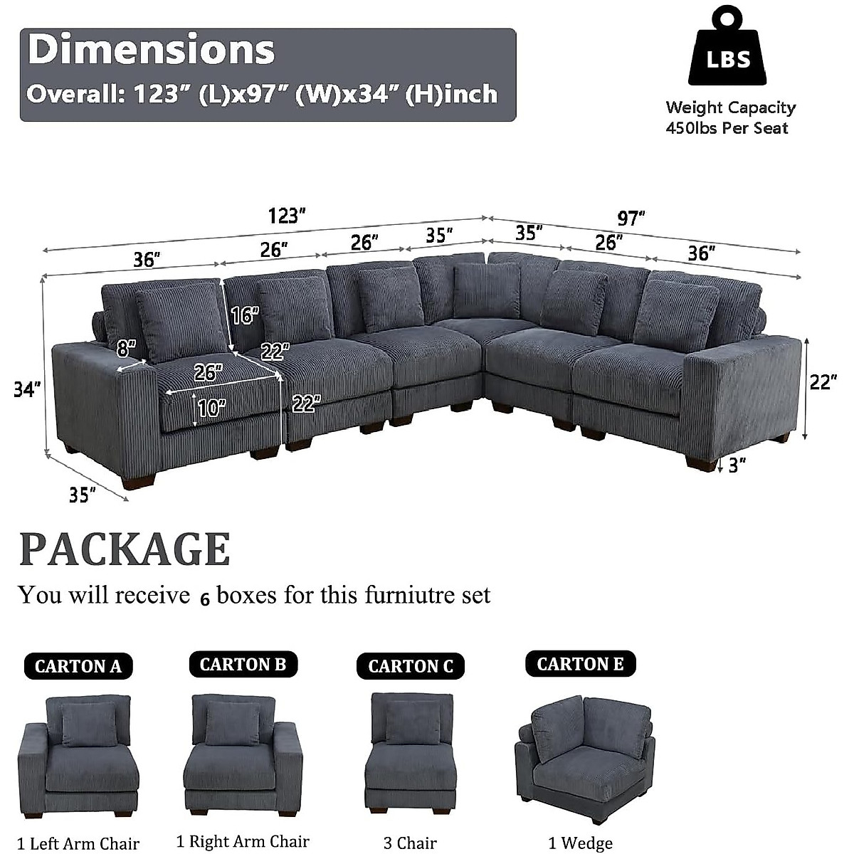 AYCP Customized Oversized Reversible Modular Sofa Couch Set with Adjustable headrest and Ottomans (Dark Grey, L Shape 6pcs)