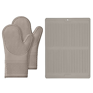 Gorilla Grip Silicone Oven Mitts Set and Silicone Dish Drying Mat, Both in Almond Color, Oven Mitts are Heat Resistant, Drying Mat is Size 16x12, 2 Item Bundle
