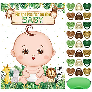 Faccito Pin the Pacifier on Baby Game Safari Jungle Baby Shower Game with Sage Green Animals Baby Poster Blindfold and 24 Pacifier Stickers for Baby Shower Birthday Party Decorations Supplies