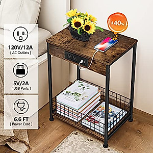 Vrisa Nightstand with Charging Station Bed Side Tables Set of 2 with USB Ports and Outlets Farmhouse Night Stand with Storage Basket Nightstands for Bedroom Living Room Industrial