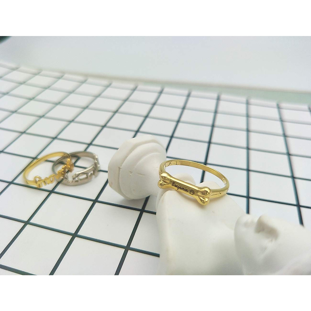 Funcok Personalized S925 Gold Plated Bone Shape Dog Paw Custom Name Ring for Women Jewelry