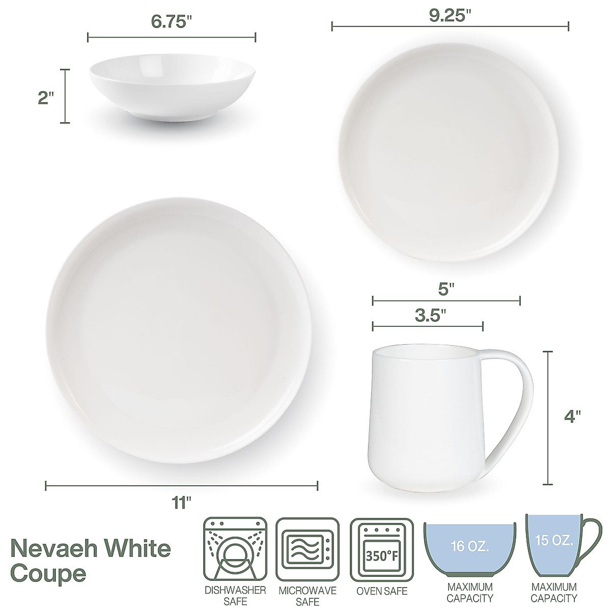 Everyday White by Fitz and Floyd Nevaeh Coupe 16 Piece Dinnerware Set, Service for 4