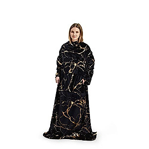 BSNTHO Black Wearable Blanket with Sleeves and Pocket for Women Men Adults，Soft Comfy Throws Blanket with Arm(Black，Pocket)