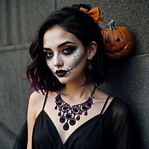 BriLove Women's Tribal Ethnic Crystal Chunky Statement Necklace Dangle Earrings Set Purple Black-Tone