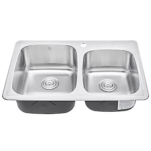 CozyBlock 33 x 22 x 9 Inch 60/40 Offset Top-mount/Drop-in Stainless Steel Double Bowl Kitchen Sink with Strainer and Protective Bottom Grid - 18 Gauge Stainless Steel-1 Faucet Hole