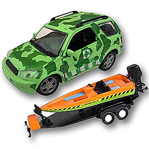 ArtCreativity SUV Toy Car with Trailer and Speedboat Playset for Kids, Interactive Jungle Play Set with Detachable Speed Boat and Opening Doors on 4 x 4 Toy Truck, Best Birthday Gift for Boys & Girls