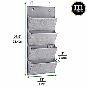 mDesign Soft Fabric Over The Door Hanging Storage Organizer with 4 Large Pockets for Closets in Bedrooms, Hallway, Entryway, Mudroom - Hooks Included - Textured Print, 2 Pack - Gray