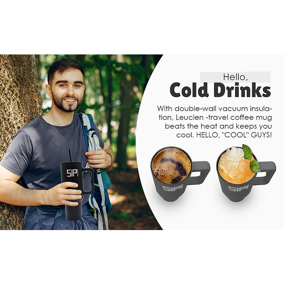 SIP SPHERE 40oz, Travel Mug, Insulated Thermal Mug, 2 Straw Tumbler, Reusable Coffee Mug, Drinking Glass, Tumbler Cup for Coffee, Tea, Whiskey, Juice (Midnight Black)