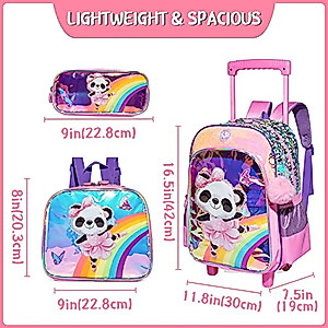 MYHSBYO Panda Rolling Backpack for Girls Kids School Wheels Backpack for Girls Sequin Backpack with Lunch Box Roller Backpack for Elementary School