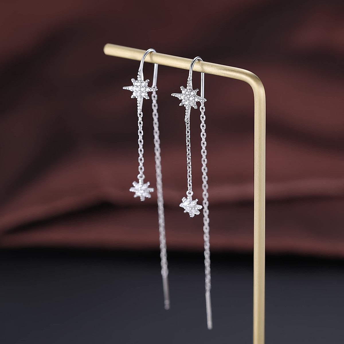 SLUYNZ Sterling Silver CZ Star Dangle Earrings for Women Teen Girls Long Dangle Earrings Threader Tassel (A-Silver)