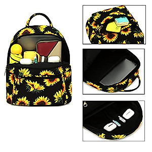 LSNOYRD Sunflower Mini Backpack Purse, Women Teen Girl Teenager 13 Inch Black Floral Flower Cute Kawaii Purse, Medium Size Nylon Small Backpack Bookbag Travel Shoulder Back Pack with Side Pocket