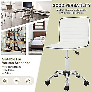 Vanity Chair Makeup Chair PU Leather Low Back Home Office Desk Chair Height Adjustable 360° Swivel Rolling Computer Chair Modern Executive Task Chair without Armrest for Vanity Makeup Room(White)