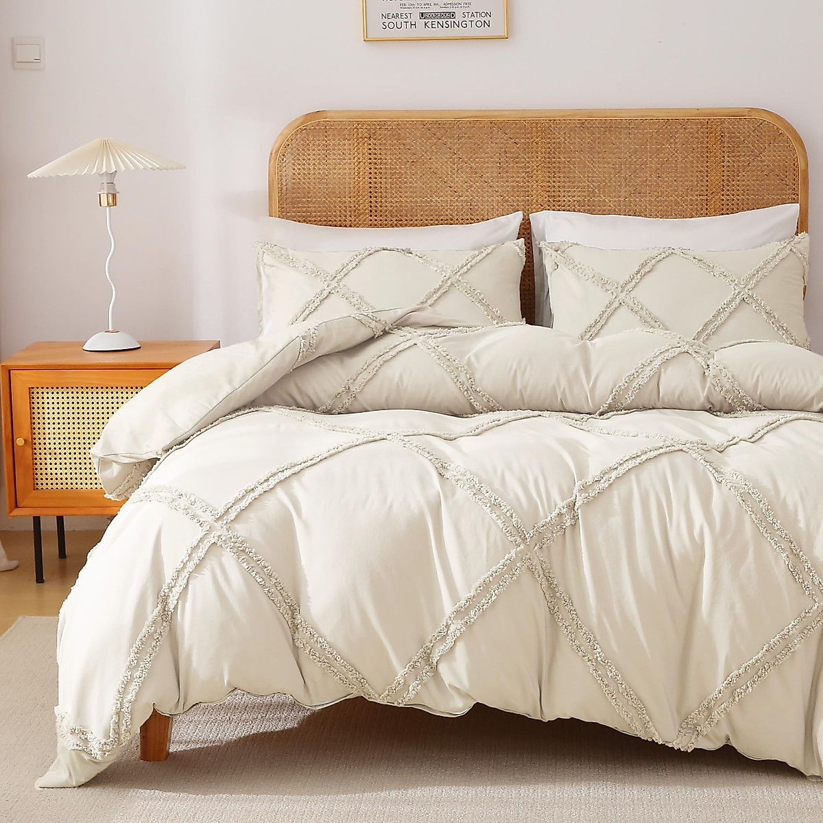 MILDLY Boho Duvet Cover Beige - Tufted Comforter Cover Set Geometric Textured Jacquard King Size Bedding Set with Corner Ties & Zipper Closure