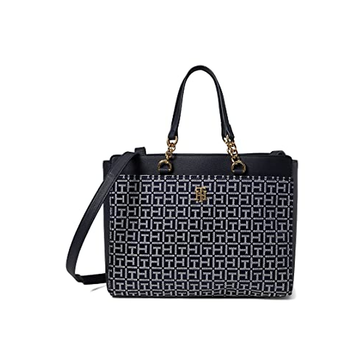 Tommy Hilfiger Antonella II Convertible Satchel Square Monogram Jacquard Navy/White One Size