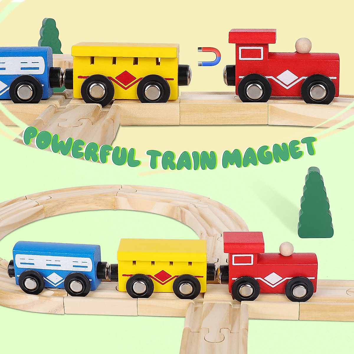 DeXop Wooden Train Set Toys Toddler, 33 Pieces Magnetic Trains Wood Tracks, Train Toy Cars Birthday Gift for 3 4 5 6 Years Old Boys Girls, Wood Train Pack Fits Thomas Brio Melissa and Doug
