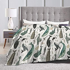 Flannel Plush Novelty Throw Blanket, Whale Song Cartoon Style Underwater Creature Seahorse Dolphin Throw for Fall Party, Air Conditioning Blanket and Large Hypoallergenic 60 x 50 Inch