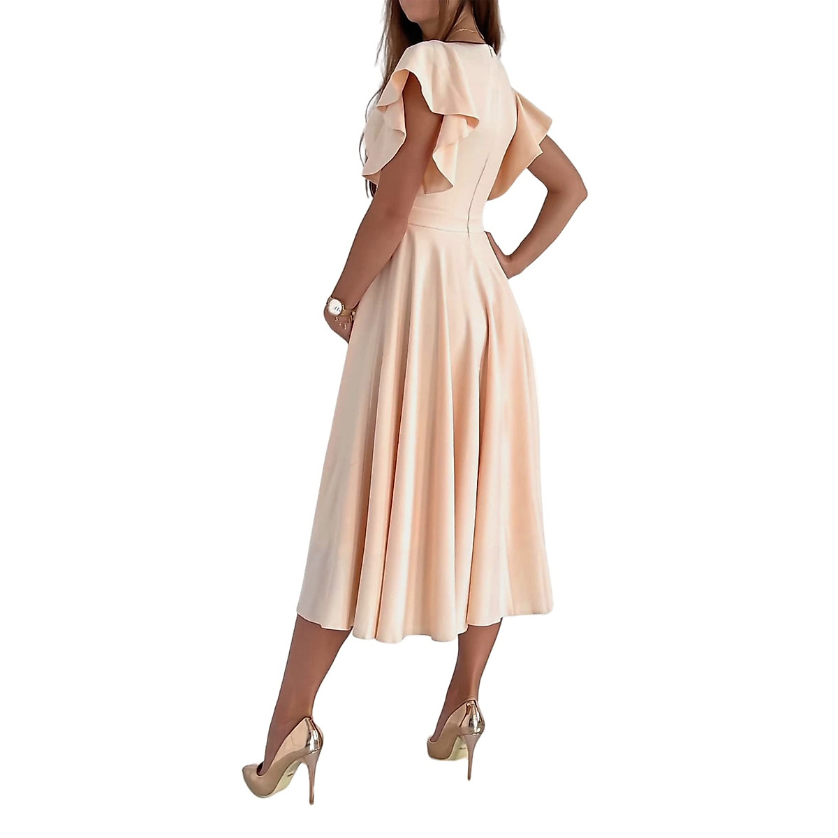 LYANER Women's Deep V Neck Ruffle Short Sleeve Wrap Swing A Line Flared Cocktail Party Midi Dress Beige Solid Small