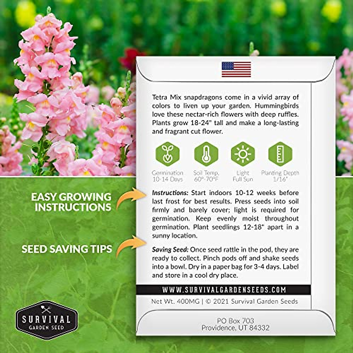 Survival Garden Seeds - Snapdragon Tetra Mix Seed for Planting - Packet with Instructions to Plant and Grow Beautiful Colorful Flowers in Your Home Vegetable Garden - Non-GMO Heirloom Variety