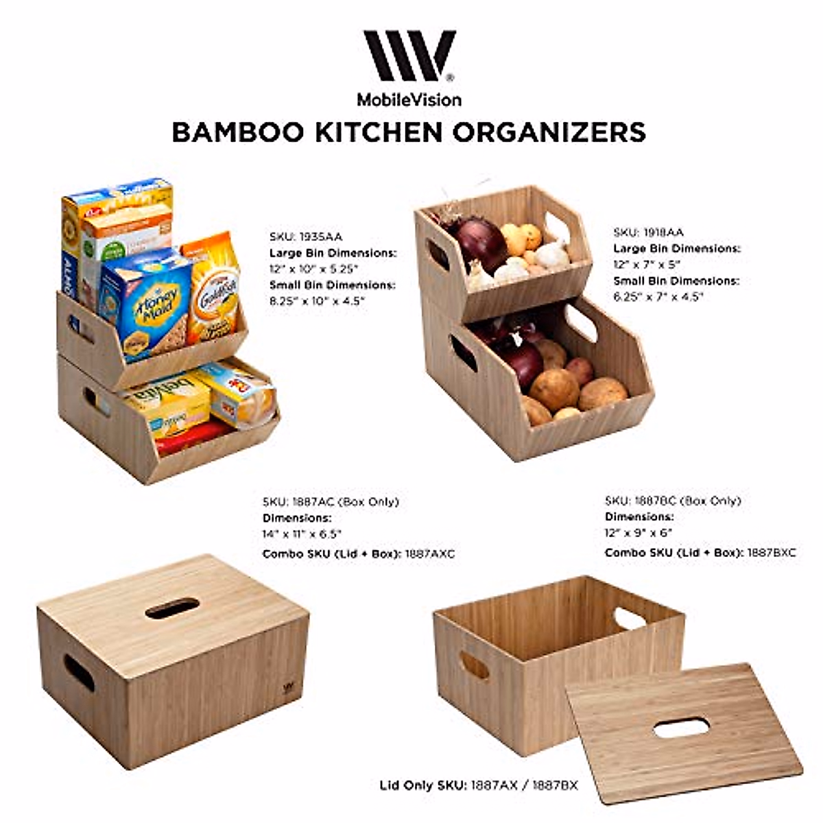 MobileVision XL Bamboo Storage Bins for Pantry & Kitchen Cabinet Organizer Multi-Purpose 2 PC Stackable Set Larger Bins for Potatoes Onions Packaged Goods & More