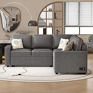 Pull Out Couch Sectional Sleeper Sofa L Shaped Convertible Sofa Bed with 2 USB Ports, 2 Power Sockets and 3 Pillows for Living Room, Bedroom, Office, 83" Brown