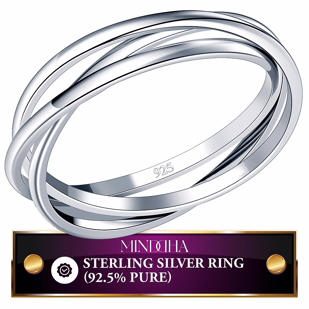 MINDDHA Sterling Silver Interlocking Ring for Women - 925 Trinity Rolling Ring - Handmade Dainty Stackable Jewelry - Ideal Gift for Anniversary, Birthday, Special Occasions - 2mm 3mm Bands, Size 10