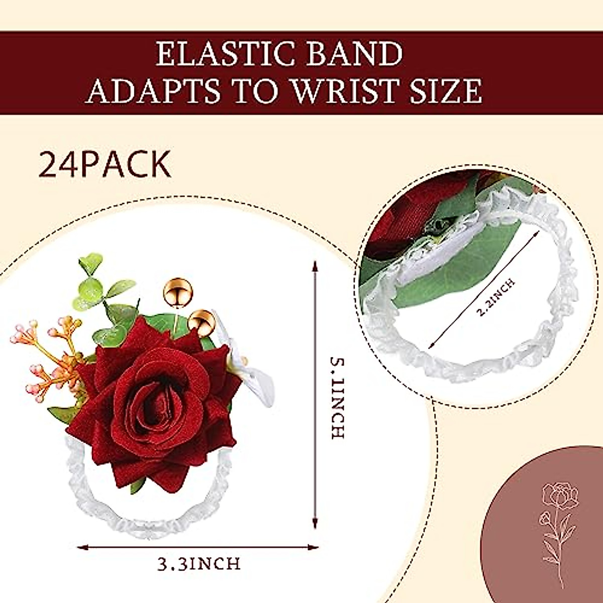 Sherr 24 Pieces Wine Red Wrist Corsage Wristlet Band for Bridal Bridesmaid Girls Women Red Rose Bracelets Wedding Artificial Wrist Corsages Burgundy Rose Hand Flower for Prom Wedding Engagement