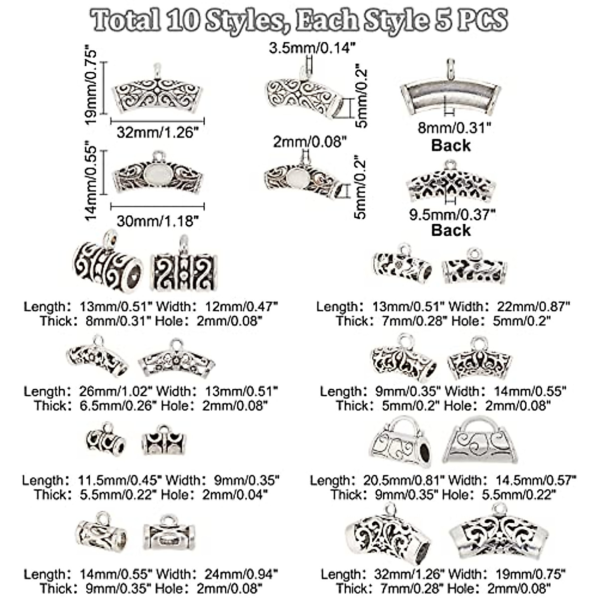 PH PandaHall 50 pcs 10 Styles Tibetan Style Alloy Hanger Links Curved Noodle Tube Beads Long Hollow Spacers Beads with Loop for Bracelet Necklace DIY Jewelry Making Antique Silver