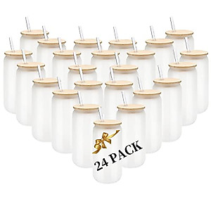 YOUKE OLA 24 Pack Sublimation Glass Cups Can Shaped Frosted with Bamboo Lids Borosilicate Glasses Tumbler Mason Jar Cups Mug with Glass Straw for Beer, Juice, Drinks Vinyl DIY 16oz