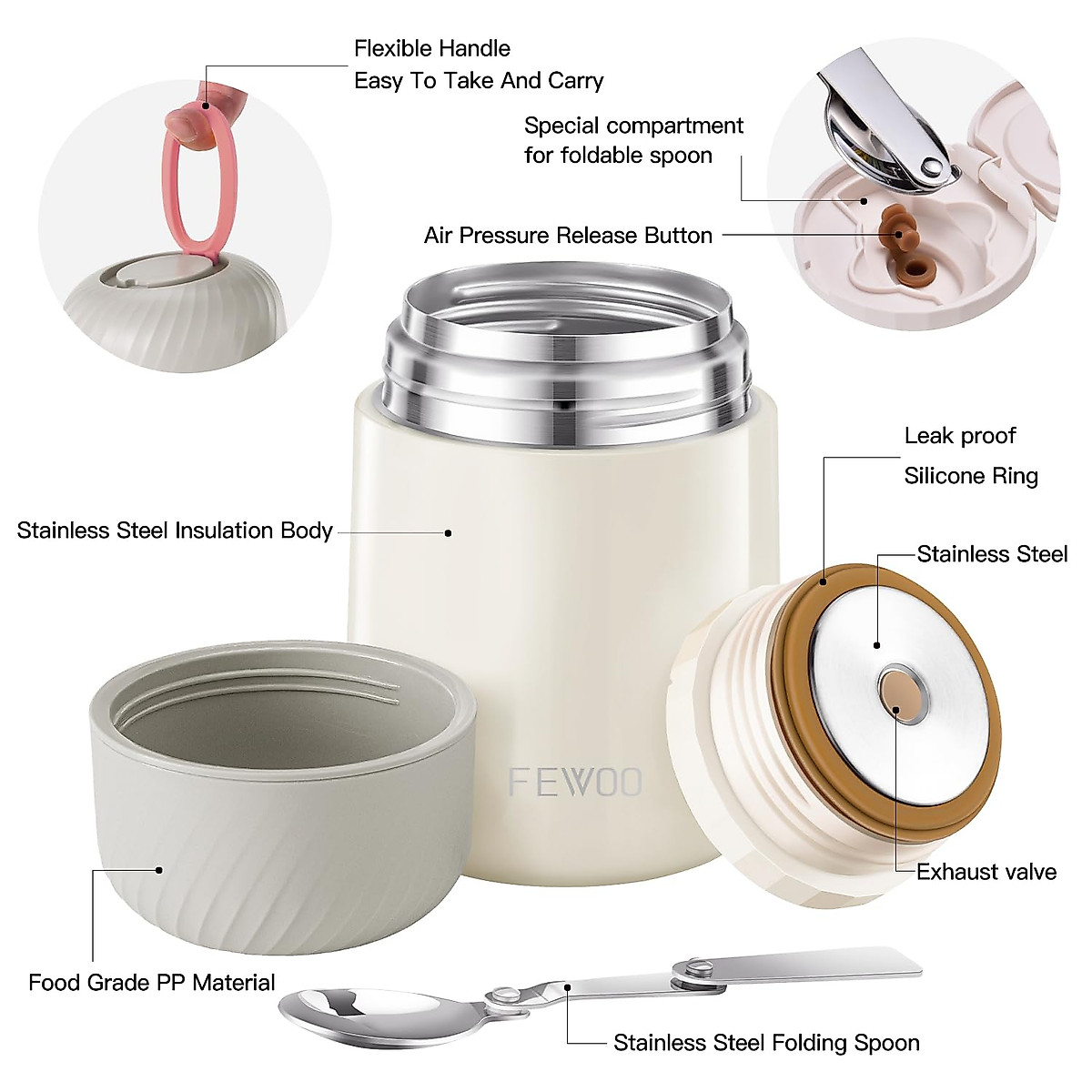 Food Thermos - 20oz Vacuum Insulated Soup Container, Stainless Steel Lunch box for Kids Adult, Leak Proof Food Jar with Folding Spoon for Hot or Cold Food (White)