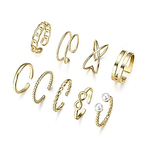 LOYALLOOK 9PCS Vintage Knuckle Stackable Rings Set for Women Bohemian Retro Gold/Silver Plated Midi Ring Hollow Pearl Comfort Fit Vsco Joint Finger Rings Adjustable (Gold Tone)