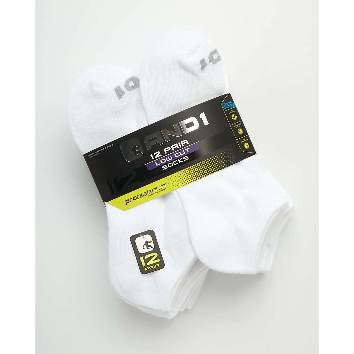 AND1 Men's Socks - Athletic Cushion Low Cut Socks (12 Pack), Size 6-12.5, White