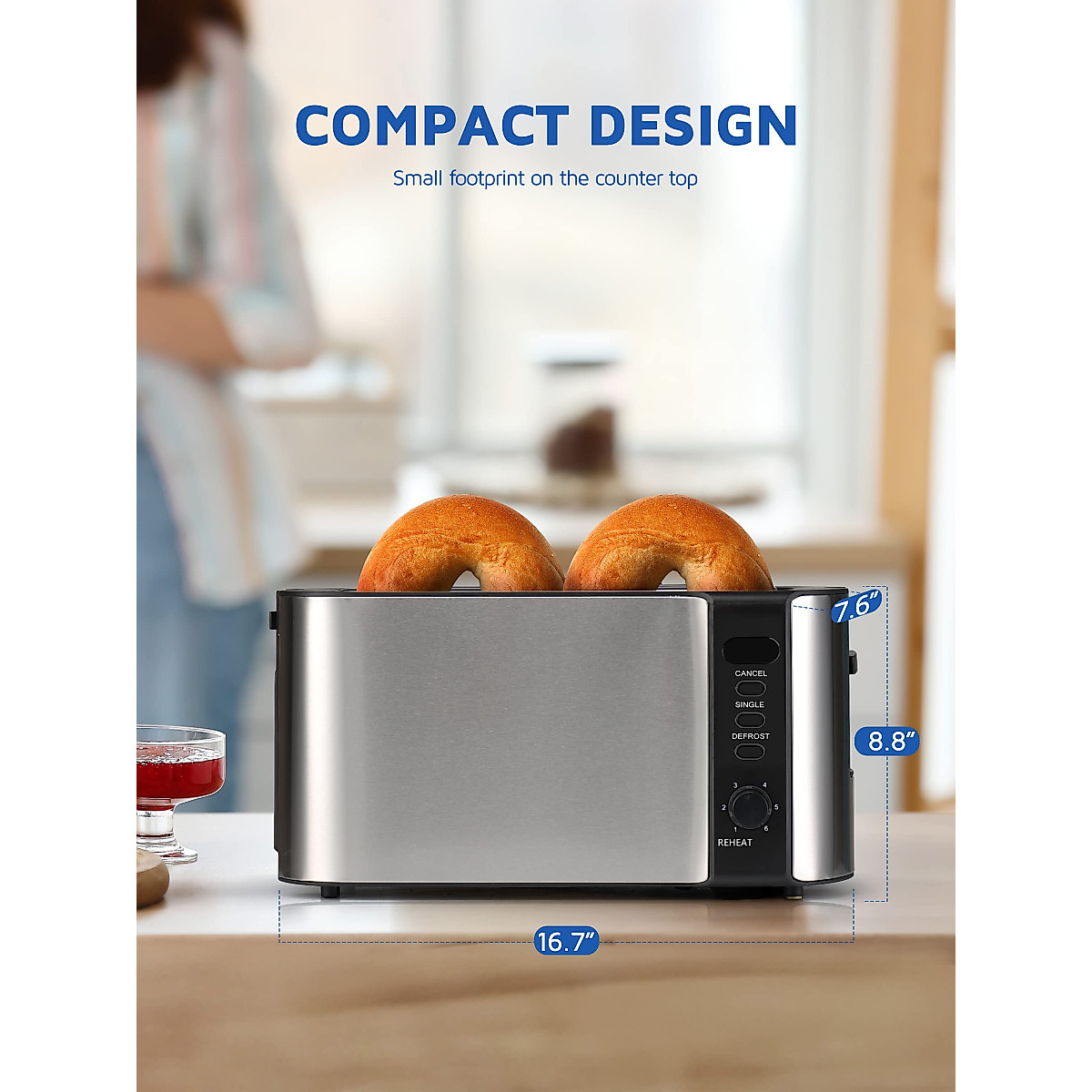 DyBaxa Stainless Steel Toaster 4 Slice Smart LED, Toaster 2 Slice Long Slot, 4 Slice Toaster Wide Slot for Bagel Sourdough Artisan Croissant Muffin, 6 Browning Control, Warming Rack, Crumb Tray