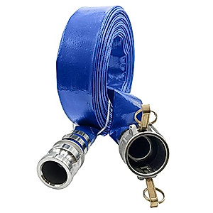 Poolzilla 1.5" x 100' Flat Industrial Blue PVC Backwash Hose with Aluminum Camlock with C & E Fittings, Heavy Duty Reinforced Pump Backwash Hose For Swimming Pools & Spas, 90 PSI Max Pressure