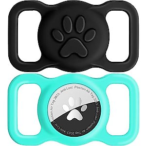 Joytale 2 Pack Airtag Dog Collar Holder, Elastic Silicone Air Tag Holder for Dogs and Cats, Light and Durable Apple Airtag Holder with Slide-On Loop(Black/Mint)
