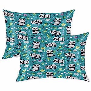 Floral Panda Satin Pillow Cases Silk Satin Pillowcase for Hair and Skin Standard Set of 2 Super Soft Silk Pillowcase with Envelope Closure (20x26 in)
