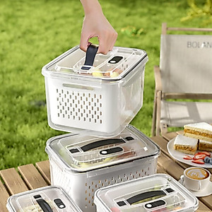 HOMEEE 4 Pack Large Airtight Fridge Food Organizer Containers, Fruit and Vegetable Storage Containers with lids, Portable Outdoor Picnics Food Storage with Removable Colanders(4.15L+3.15L+1.7L+0.8L)