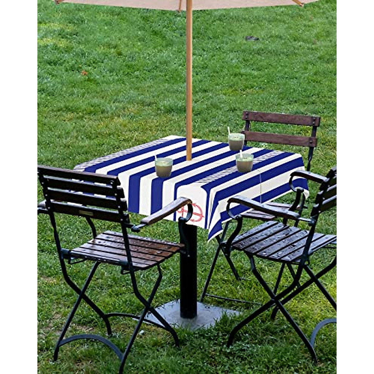 EZON-CH Outdoor Tablecloth with Umbrella Hole and Zipper 54"x54", Anchor Rope and Steering Wheel Blue Square Waterproof Table Cloth Table Covers for Dining, Garden, Courtyard, Patio, Camping, Picnic