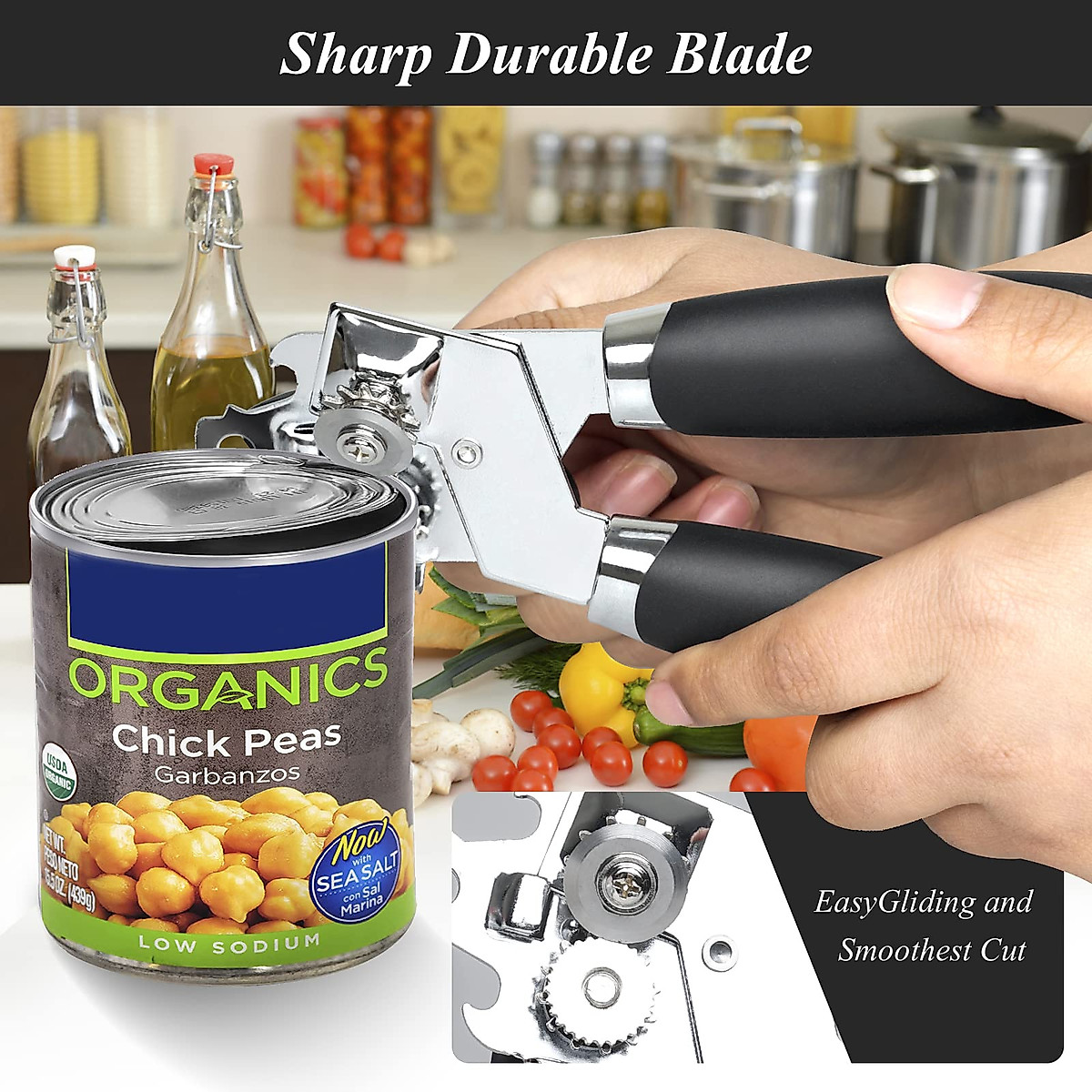 Jiaying Can Opener with Oversized Turn Knob and easy to grip with Comfortable Soft Handle,The Manual Handheld Can Opener, Sharp Cutting Wheel Built-in Bottle Opener—Black