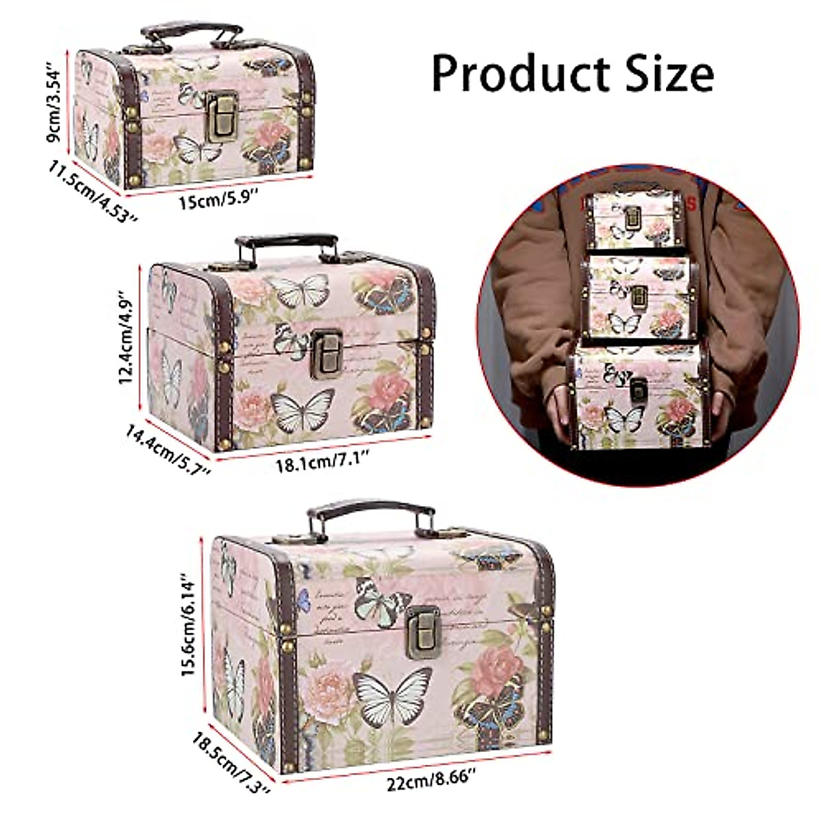 ELLDOO Set of 3 Butterfly Treasure Chest Box, Wooden + PU Leather Storage Decorative Box for Jewelry Trinkets, Keepsakes box for Girls Women Gifts