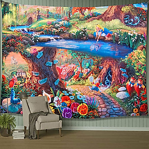 DBLLF Fairytale Forest Tapestry Wonderland Tapestry 100x90 Giant Tapestry Rabbit Motion Cups Hearts and Flower Character Cartoon Style Wide Wall Hanging for Home Decor GTLSDB72