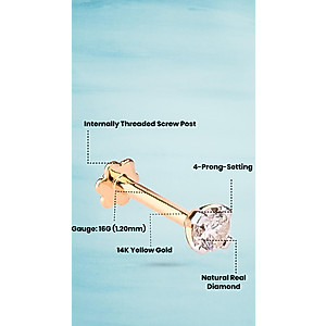 Demira Jewels 14K Yellow Gold Diamond Nose Pin - 0.02 to 1/6ct natural diamond, 16G Gauge, HI Color, I1-I2 Clarity, Kimberley Process Certified.