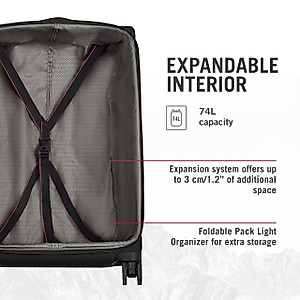 Victorinox Crosslight Large Softside Case - Large Travel Luggage with Spinner Wheels - Premium Traveling Essentials - Includes Foldable Pack Light Organizer - 74 Liter, Black