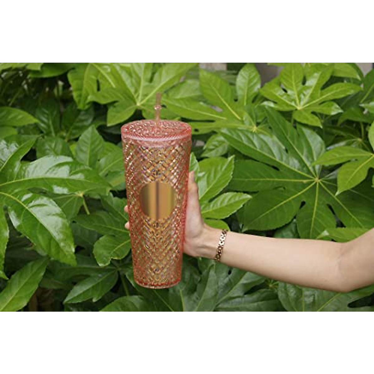 EVERGLITTER 24oz Rose Gold Jeweled Tumbler with Lid and Straw,BPA-FREE,Plastic Double Wall Insulated Water Bottles with Straw,Jeweled Cups with Lid Leakproof,Pink Tumbler Gifts for Women,Keep Colds