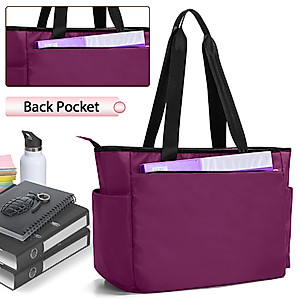 Damero Teacher Tote Bag, Teacher Utility Tote Bag with Zip Top and Padded Sleeve for up to 15.6’’ Laptop for Work, Office, Business, Purple(Upgraded)