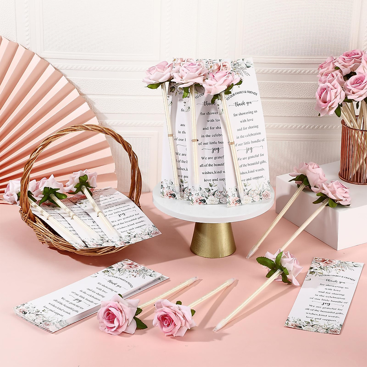 Spakon 50 Sets Baby Shower Party Favors Pen for Guests withThank you cards,Baby Shower Gifts Artificial Rose Flowers Ballpoint Pen for Guests Friends Baby Shower Gender Reveal Party Souvenir Prizes
