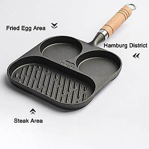 JUSTUP Nonstick Frying Pan,3-Section Cast Iron Egg Pan Divided Pan with Wooden Handle,3-in-1 Versatile Breakfast Pan,Mini Skillet Pan for Egg,Steak and Burgers (Black)