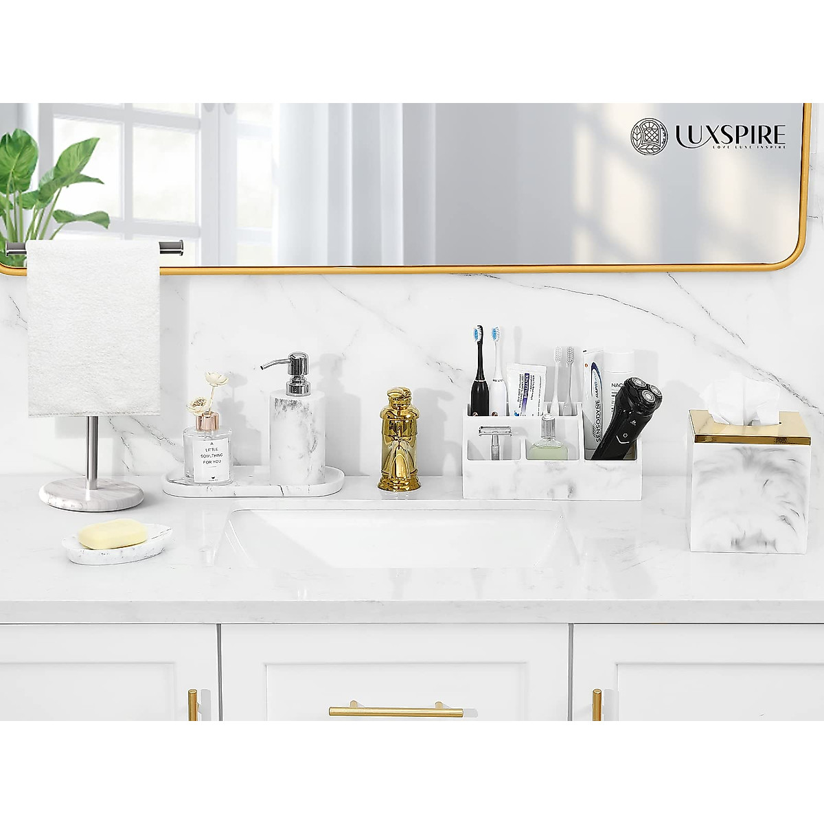 Luxspire Bathroom Counter Organizer, 5 Slot Toothbrush Holder, Marble Bathroom Accessories, Gravel White